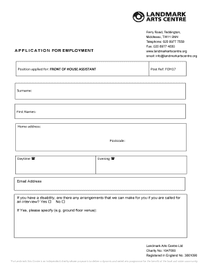 Fillable Online Application for employment form, Front of House ...