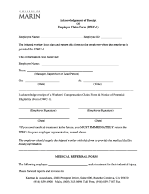 Fillable Online Acknowledgement of Receipt Of Employee Claim Form (DWC ...