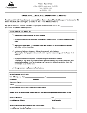 Fillable Online TRANSIENT OCCUPANCY TAX EXEMPTION CLAIM FORM Fax Email ...