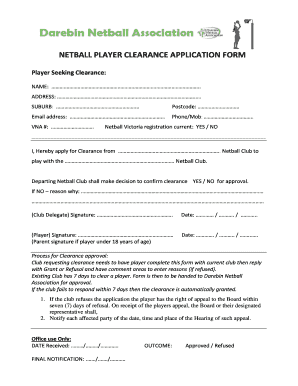 Fillable Online netball player clearance application form - Darebin ...