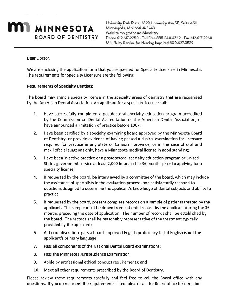 Fillable Online We are enclosing the application form that you requested for Specialty Licensure ...