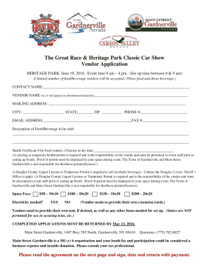 Fillable Online The Great Race & Heritage Park Classic Car Show Vendor ...