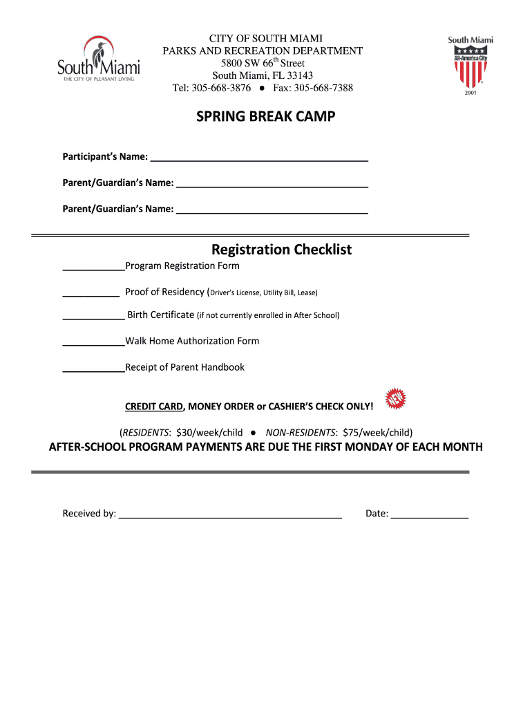 Fillable Online SPRING BREAK CAMP Registration Checklist Fax Email ...