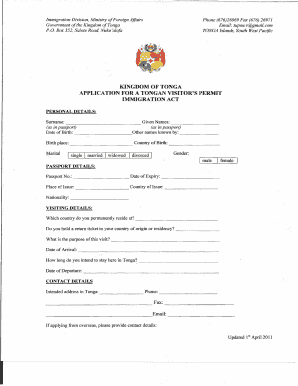 Fillable Online kingdom of tonga application for a tongan visitor's permit ... Fax Email Print ...