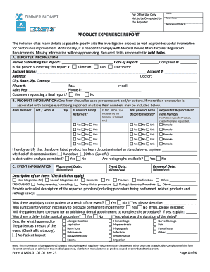 Zimmer Biomet Product Experience Report Fill And Sign Printable