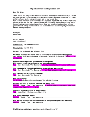 Fillable Online ruby entertainment wedding feedback form Fax Email ...