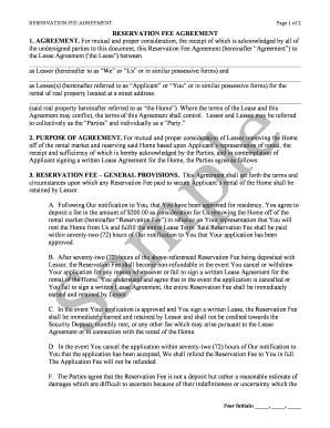 Fillable Online RESERVATION FEE AGREEMENT 1. AGREEMENT. For mutual and ...