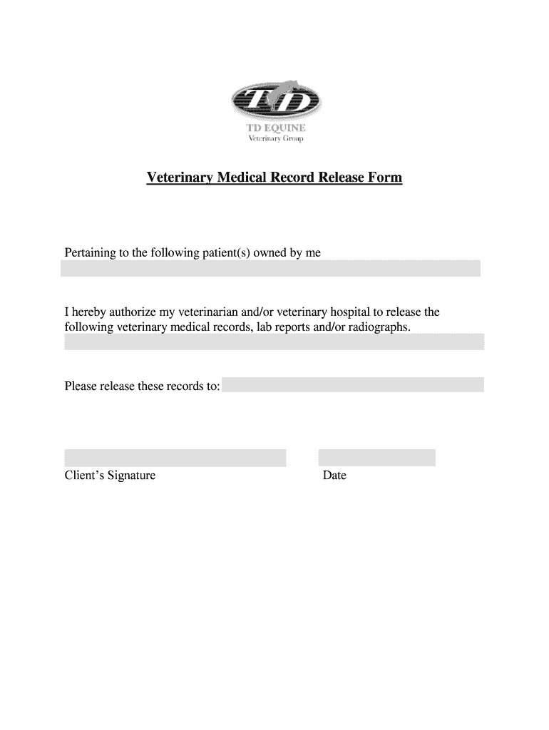 Veterinary Medical Record Release Form - Blank Fillable Template | Fill ...