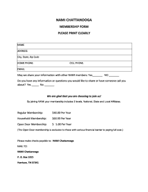 Fillable Online NAMI Membership Form (PDF) - NAMI of Chattanooga Fax ...