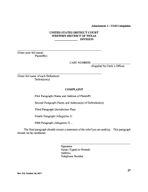 Fillable Online 27 FORMS Attachment 1 - Civil Complaint UNITED STATES ...