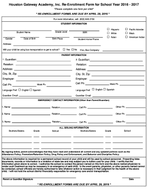 Fillable Online Re-Enrollment Form for School Year 2016 - 2017 Fax ...