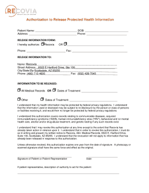 Fillable Online Authorization to Release Protected Health Information - Recovia Fax Email Print ...