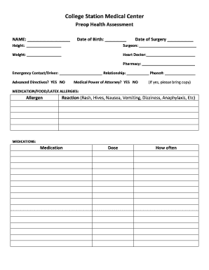 Fillable Online College Station Medical Center Preop Health Assessment ...