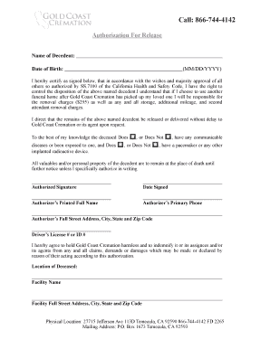 Fillable Online GCC Release - General copy - Gold Coast Cremation Fax ...
