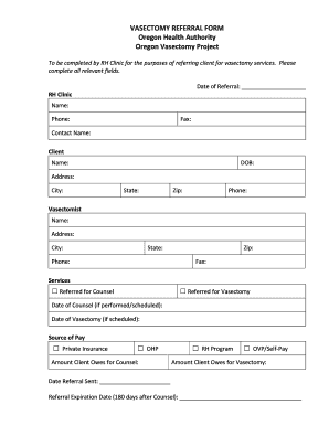 Fillable Online VASECTOMY REFERRAL FORM Oregon Health Authority Oregon ...