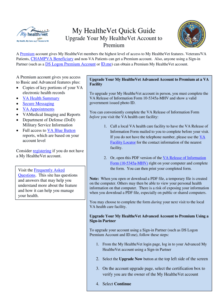 Fillable Online Upgrade Your My HealtheVet Account to Premium Quick ...