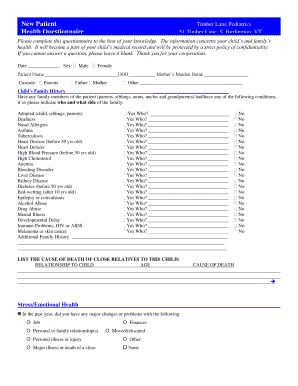Fillable Online New Patient Timber Lane Pediatrics Health Questionnaire ...