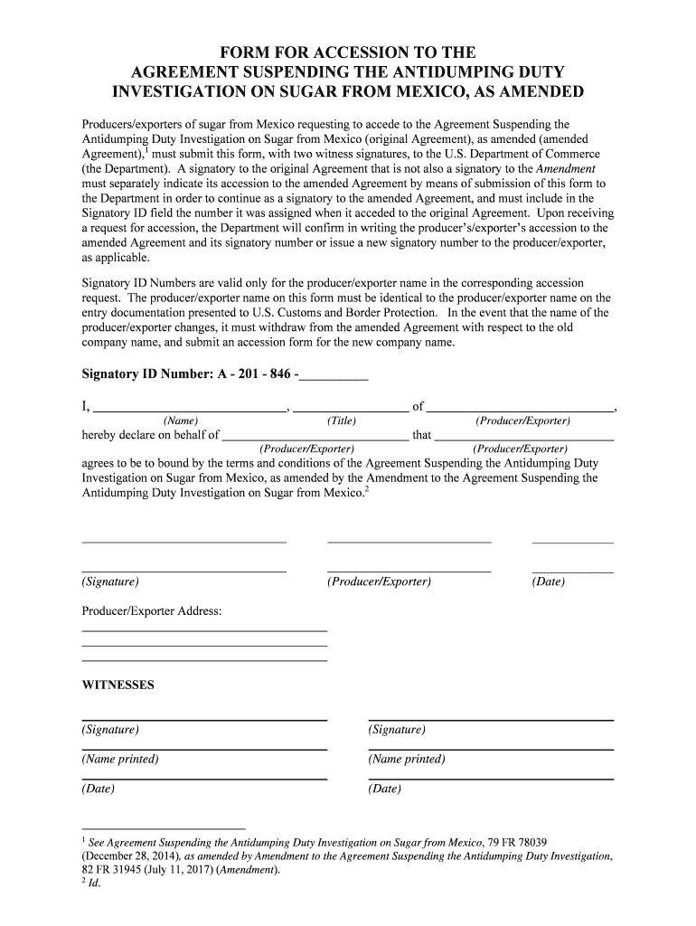 Fillable Online Form for Accession to Amended Sugar AD Agreement Fax ...
