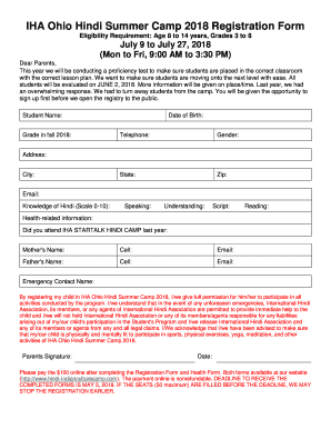 Fillable Online IHA Ohio Hindi Summer Camp 2018 Registration Form Fax ...