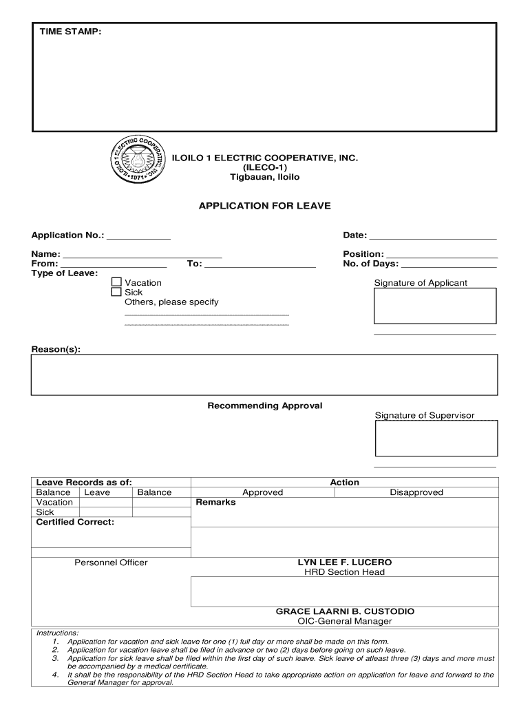Fillable Online application for leave - iloilo 1 electric cooperative ...