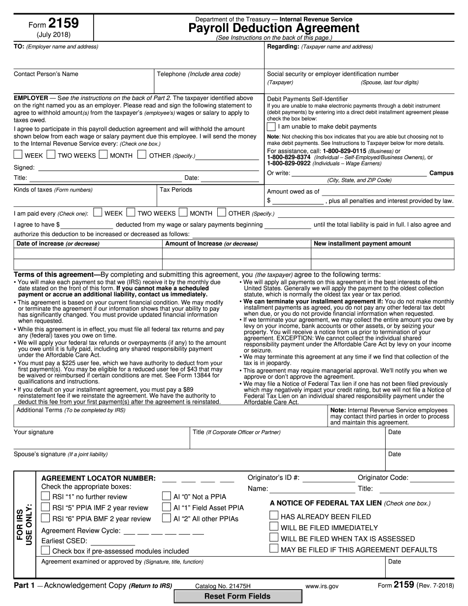 Editable IRS Form 2159 2018 2019 Create A Digital Sample In PDF