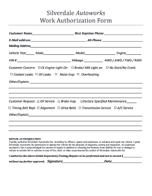 Fillable Online Silverdale Autoworks Work Authorization Form Fax Email ...