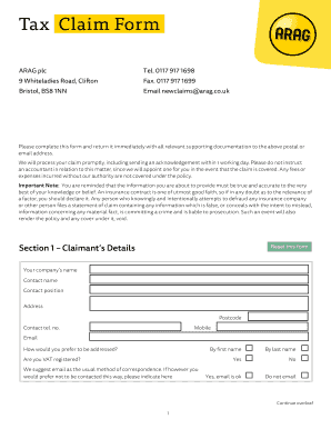 Fillable Online Tax Claim Form - Arag Fax Email Print - pdfFiller