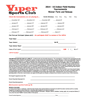 Fillable Online 2014 - 15 Indoor Field Hockey Tournaments Waiver Form ...