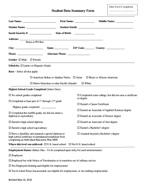 Fillable Online Student Data Summary Form Guidance and Definitions Fax ...