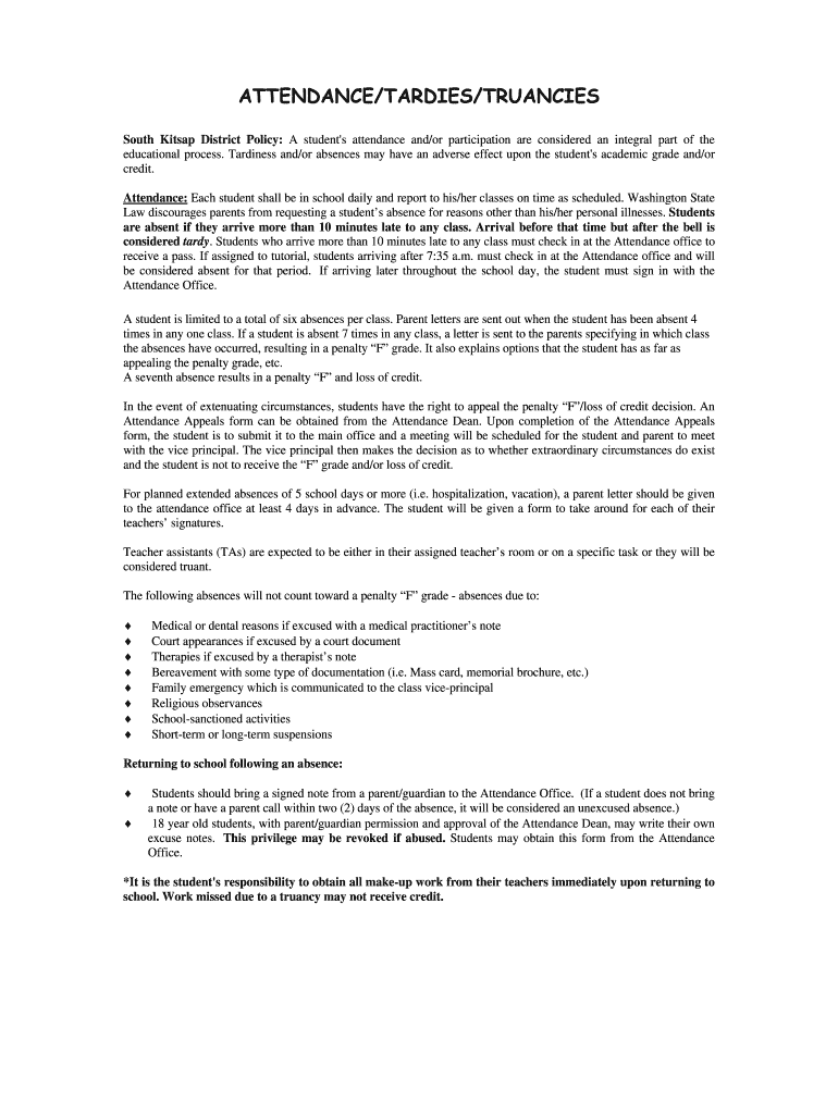 Fillable Online attendance/tardies/truancies - South Kitsap High School ...