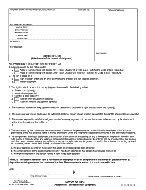 Fillable Online EJ-185 NOTICE OF LIEN (AttachmentEnforcement of ...