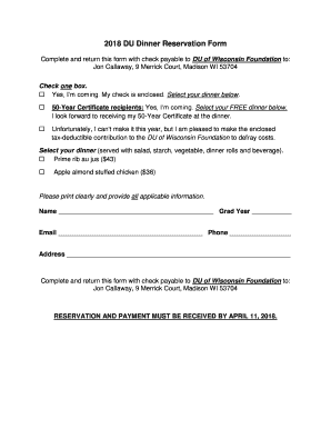 Fillable Online 2018 DU Dinner Reservation Form Fax Email Print - pdfFiller