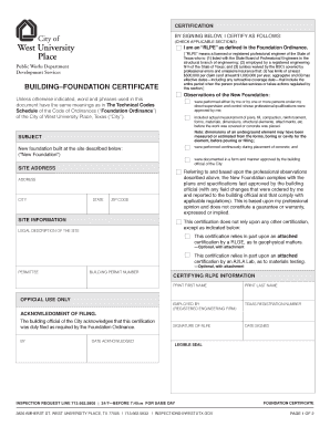 Fillable Online BUILDINGFOUNDATION CERTIFICATE - West University Place ...