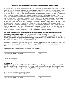 Fillable Online Release and Waiver of Liability and Indemnity Agreement ...