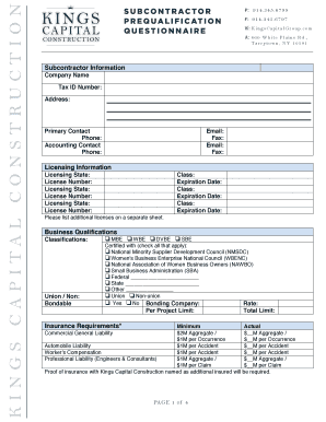 Fillable Online Subcontractor Information Licensing Information ...