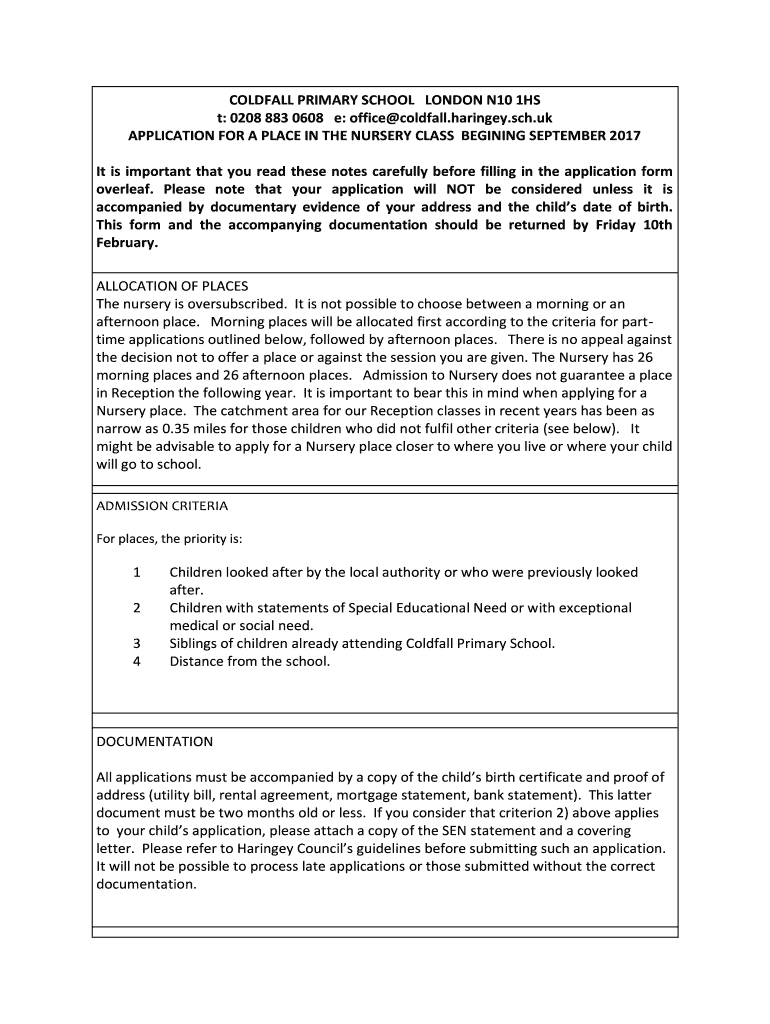 Fillable Online COLDFALL PRIMARY SCHOOL LONDON N10 1HS t: 0208 883 0608 ...