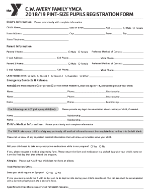 Fillable Online cw avery family ymca 2018/19 pint-size pupils ...