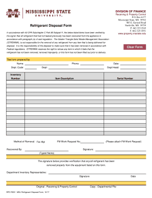 Fillable Online Refrigerant Disposal Form - Receiving and Property ...
