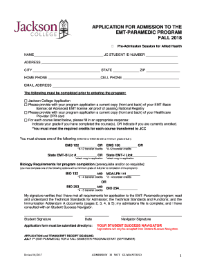 Fillable Online EMT Paramedic Program Application - Fall 2018 Fax Email ...