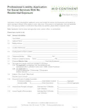 Fillable Online Professional Liability Application for Social Services ...