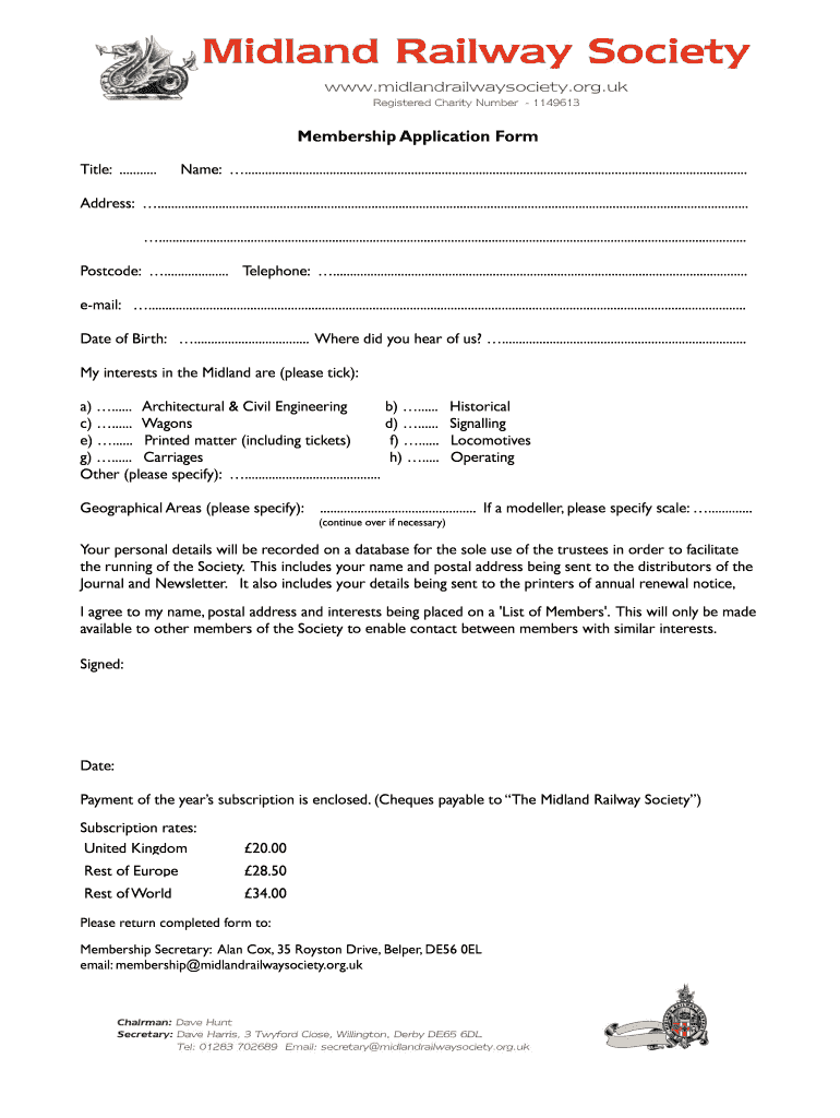 Fillable Online Membership Application Form - Midland Railway Society ...