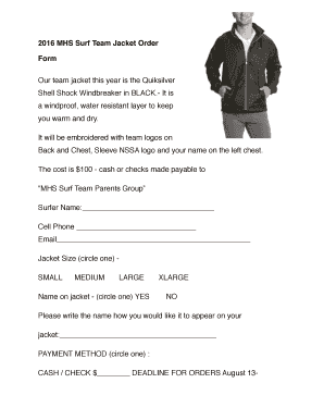 Fillable Online 2016 MHS Surf Team Jacket Order Form Our team jacket ...