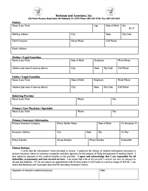 Fillable Online Patient Intake Sheet - Beckman & Associates Fax Email ...