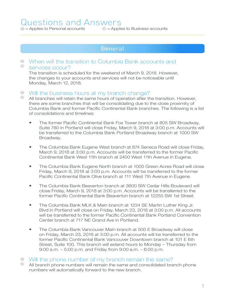 Fillable Online Personal Account Transition Charts - Columbia Bank Fax ...