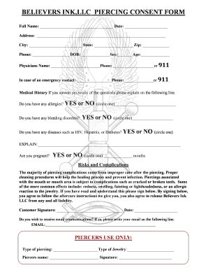 Fillable Online BELIEVERS INK,LLC PIERCING CONSENT FORM Fax Email Print ...