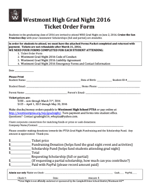 Fillable Online Westmont High Grad Night 2016 Ticket Order Form ...