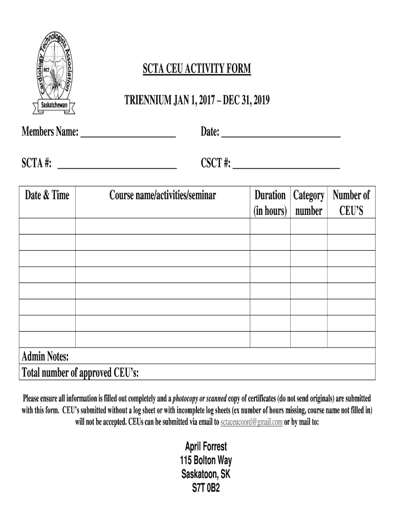 Fillable Online SCTA CEU ACTIVITY FORM TRIENNIUM JAN 1, 2017 DEC 31 ...