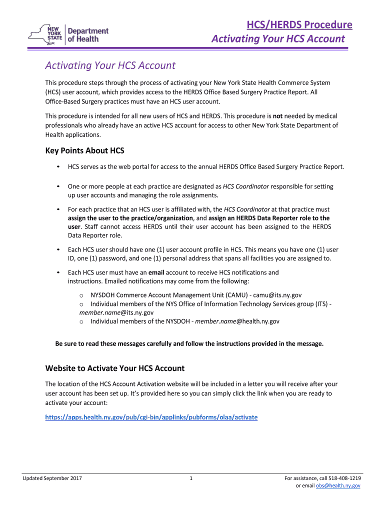 Fillable Online Activating Your HCS Account - New York State Department ...