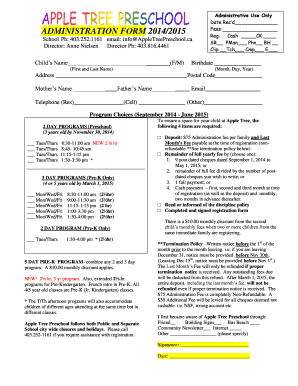 Fillable Online administration form 2014/2015 - Apple Tree Preschool ...