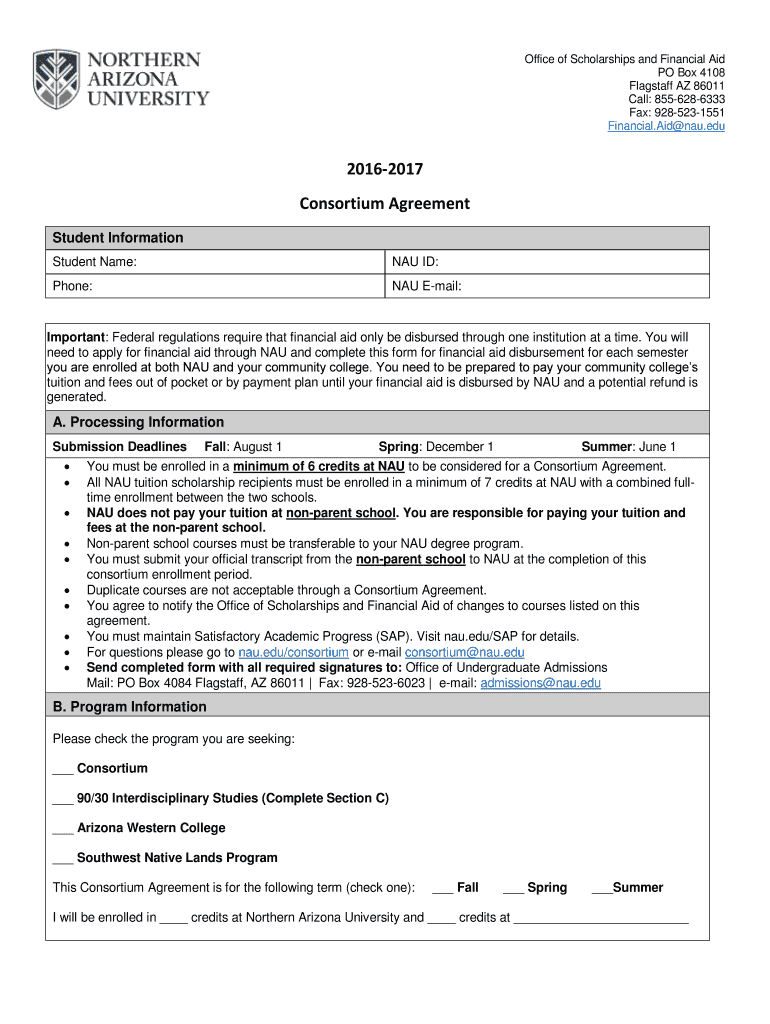Fillable Online 2016-2017 Consortium Agreement - Northern Arizona ...
